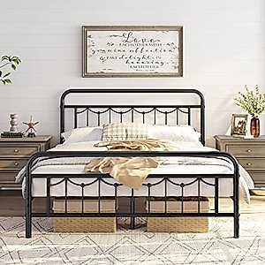 Yaheetech Queen Size Metal Bed Frame with Vintage Headboard and Footboard, Farmhouse Metal Platform Bed, Heavy Duty Steel Slat Support, Ample Under-Bed Storage, No Noise, No Box Spring Needed, Black