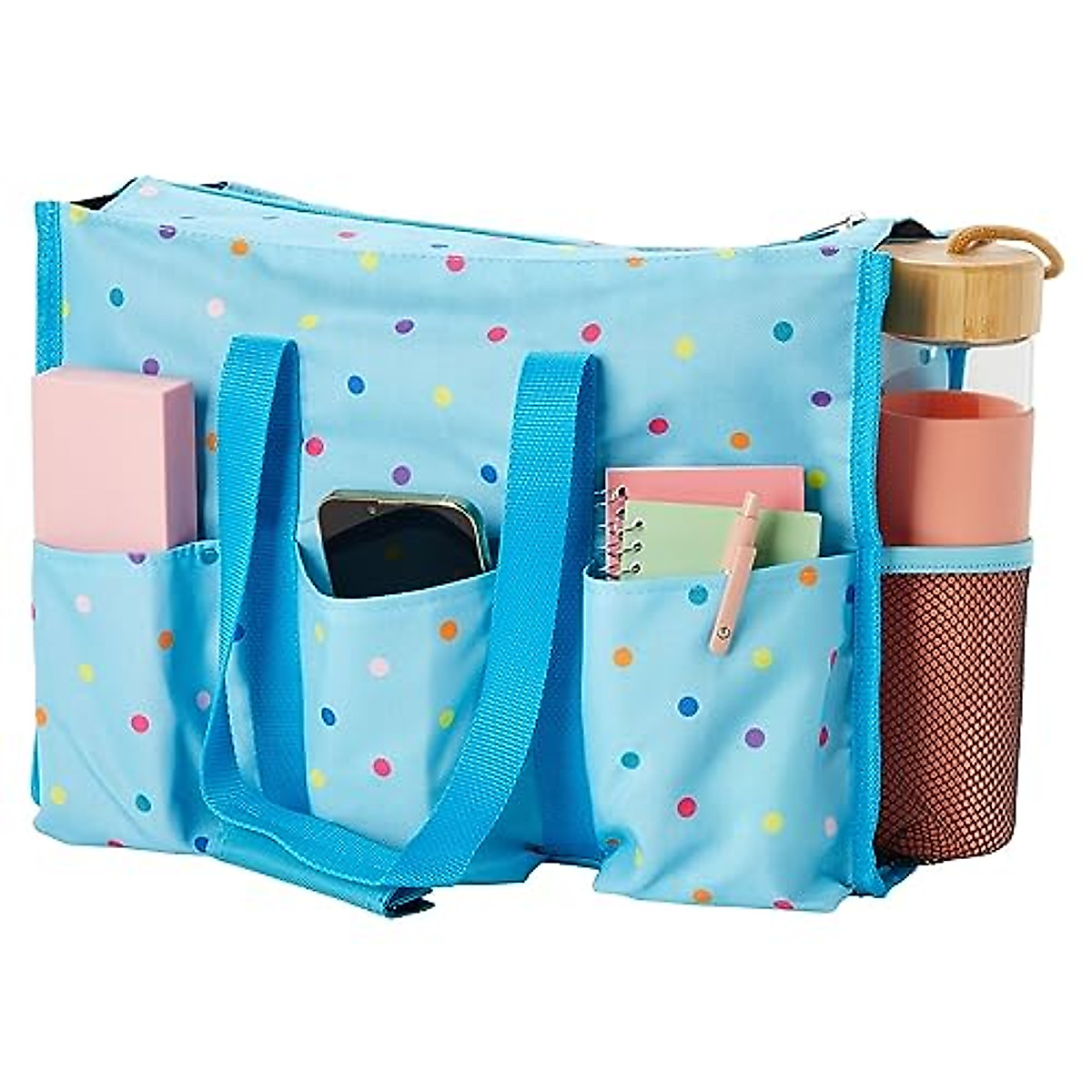 Juvale Large Utility Tote Bag with Pockets, Compartments, and Zip Top for Teachers, Nurses, Crafts, Travel Organization (Light Blue, 14.5 x 10.5 x 6 In)