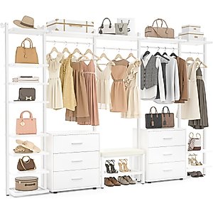 Aheaplus 8FT Closet Organizer Systems with 6-Drawers, 96'' Wood Closet Organizer with Storage for Walk In Closets, Clothing Rack Wardrobe Closet Garment Rack for Hanging Clothes, Bedroom, White