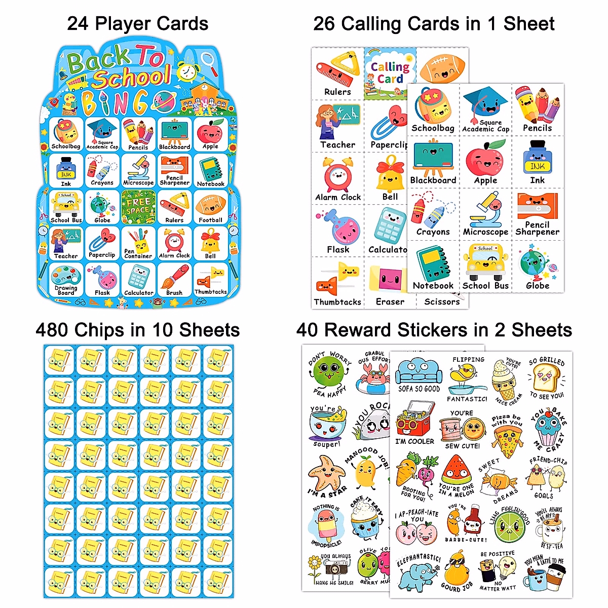 YTSQLER Back to School Bingo Games for Family Kids Party Games Gifts 24 Players School Bingo Games First Day of School Classroom Activities Bingo Cards Set