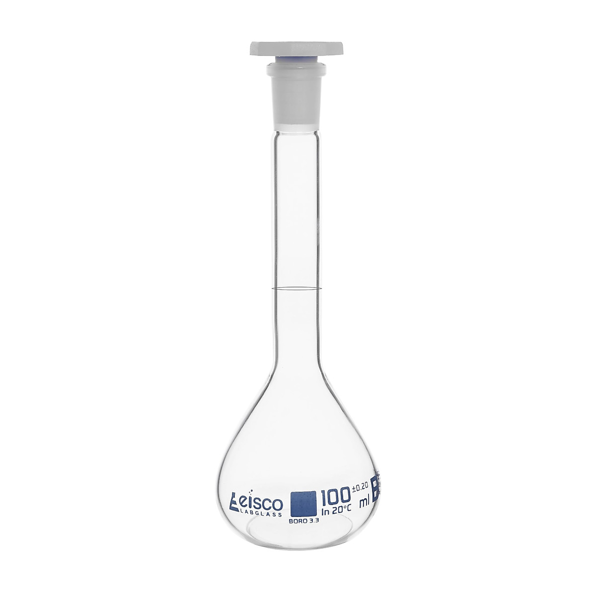 EISCO Volumetric Flask, 100ml - Class B - 14/23 Polyethylene Stopper, Borosilicate Glass - Blue Graduation, Tolerance ±0.200