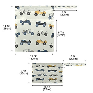 AUUXVA Wet Dry Bag 2 Pack Vintage Car Pattern Print Waterproof Kids Baby Cloth Diaper Wet Bags Organizer Pouch Zippered Pockets Yoga Gym Wet Dry Bag for Travel Swimsuits