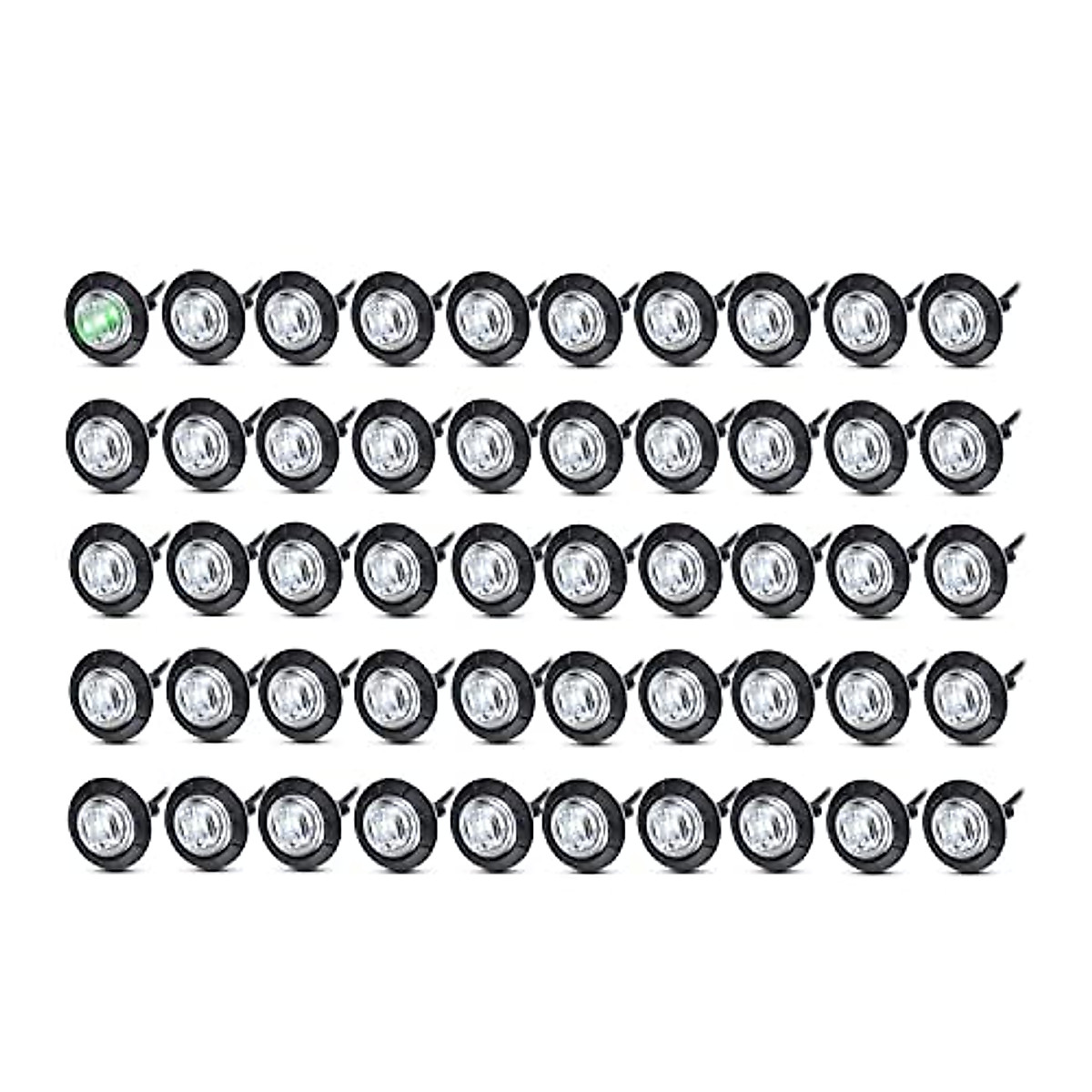 Meerkatt (Pack of 50) Mini Round 3/4 Inch Clear Lens Green LED Bullet SMD Side Marker Indicator Lights Button Fits for Boat Bus Truck Trailer Pickup w/Grommets 12V DC
