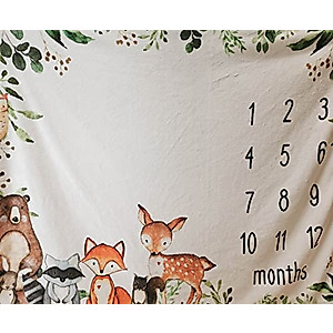 Yuzioey Woodland Baby Monthly Milestone Blanket, Woodland Animals Baby Growth Chart Monthly Blanket, Watch Me Grow Baby Woodland Forest Nursery for New Moms Baby Shower, Includes Marker (50"x40")