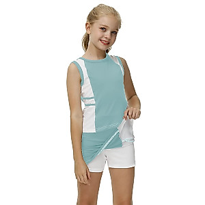 Girls Tennis Athletic Outfit Set Sports Color Block Casual Tank Top Golf Skirt Built in Shorts Light Green 6-7 Years