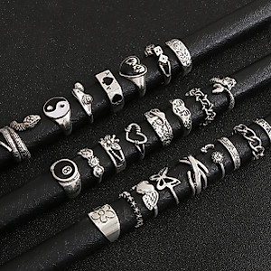 Vintage Silver Open Punk Rings for Men Women, 24PCS Adjustable Rings, Alt Rings, Chunky Silver Rings, Bulky Rings, Hippie Rings ,Cool Gothic Ring,Statement Stacking Ring, Skull Snake Star Flower Heart
