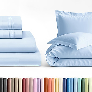 CGK Unlimited Sky Blue Sheet Set with Duvet (Queen Size) - Bed Set Includes Fitted Sheet, Flat Sheet, Duvet Cover & Pillow Cases/Shams - Bedding Set - Breathable Bed Duvet Set