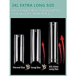 504 PCS No C Curve Clear Nail Tips for Acrylic Nails Professional, 3XL Extra Long, 12 Sizes Half Cover Straight Tapered Square French Fake Nail Tips for Nail Salons Home DIY