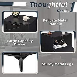 Lerliuo Nightstand with Charging Station and Led Lights, Night Stand with USB Ports and Outlets, Modern Bedside Table with Drawer and Storage Shelf, Black Smart Side Tables for Bedroom