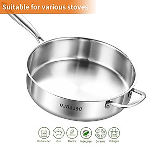 DELARLO Whole Body Tri-Ply Stainless Steel Sauté Pan with lid, 6 Quarts Saute Pan, 12 Inch Deep Frying Pan, Large Skillet Cooking Pan Induction Compatible Chef Pan, Dishwasher & Oven Safe