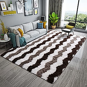 DweIke Super Soft Shaggy Rugs Carpets, 3x5 Feet, Plush Area Rugs for Living Room Bedroom, Fluffy ​Rug for Girls Kids Room, Shag Plush Rug for Teen Room Decor, Stripe Brown