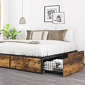 IMUsee Queen Size Bed Frame with 4 Large Storage Drawers, Heavy Duty Metal Platform Queen Bed Frame with 13 Strong Metal Slats Support, Wooden Board Decor, No Box Spring Needed, Noise Free