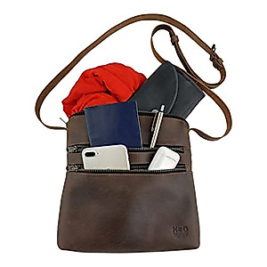 Hide & Drink, 3 Zipper Satchel Handmade from Full Grain Leather and Plaid Cotton - Versatile Handbag - Bourbon Brown