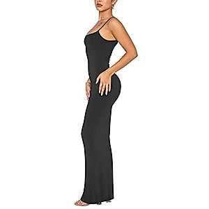 REORIA Women's Sexy Casual Lounge Slip Long Dress Elegant Wedding Guest Sleeveless Backless Ribbed Bodycon Maxi Dresses Black X-Small