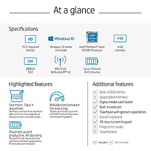 HP 15.6in Laptop (Intel Pentium Quad-Core N5000, 4GB RAM, 256GB SSD, HDMI, WiFi, Bluetooth, HD Webcam, Windows 10 S) (Renewed) Red