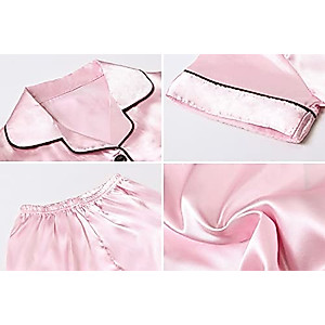 Women's Satin Pajamas Set, Short Sleeve Button Down Shirt Top + Elastic Waist Shorts Sets Summer Pajamas for Women, A Pink, US XS