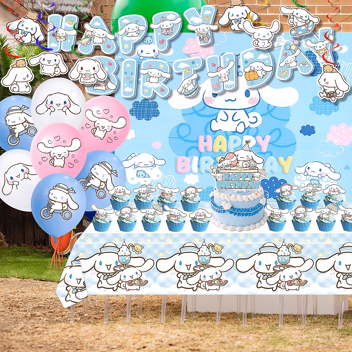 Cinnamoroll Birthday Decorations, Party Supplies Set Include Banner, Backdrop, Balloons, Hanging Swirls, Cake Cupcake Toppers, Tablecloth for Kids Cinnamoroll Theme Party