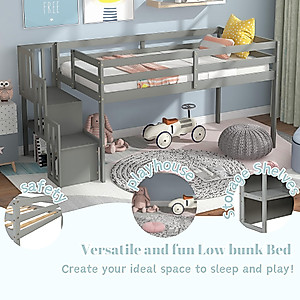 CITYLIGHT Low Loft Bed with Staircase,Twin Size Kids Loft Bed with Step Storage,Wood Loft Bed Frame Twin with Safety Guardrails for Girls, Boys,Grey