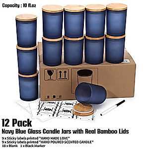 Aminigram 12 Pack, 10 oz Navy Blue Candle Jars with Bamboo Lids and Sticky Labels, Empty Glass Candle Jars for Making Candles, Morden Kitchen Bathroom Small Object Container - Dishwash Safe