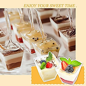 Qeirudu 100 Pack 2 oz Plastic Dessert Cups with Lids and Spoons - Mini Shooter Cups for Desserts Small Square Serving Cups for Party Individual Banana Pudding Appetizers Parfait