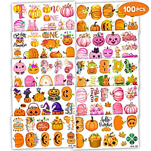 100 PCS Fall Little Pumpkin Autumn Halloween Temporary Tattoos Themed 1st First Birthday Party Decorations Supplies Favors Decor Cute Thanksgiving Stickers Gifts for Boys Girls School Prizes Carnival