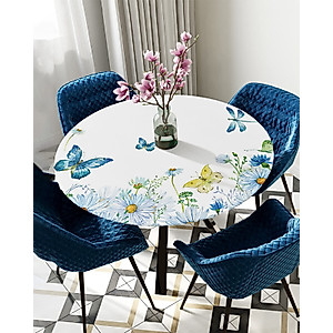 Big buy store Elastic Edged Waterproof Tablecloth Round Daisy Butterfly Dragonfly Reusable Wipeable Table Cover Watercolor Flowers Washable Oil-Proof Fitted Table Cover up up to 36"- 44" Round Tables