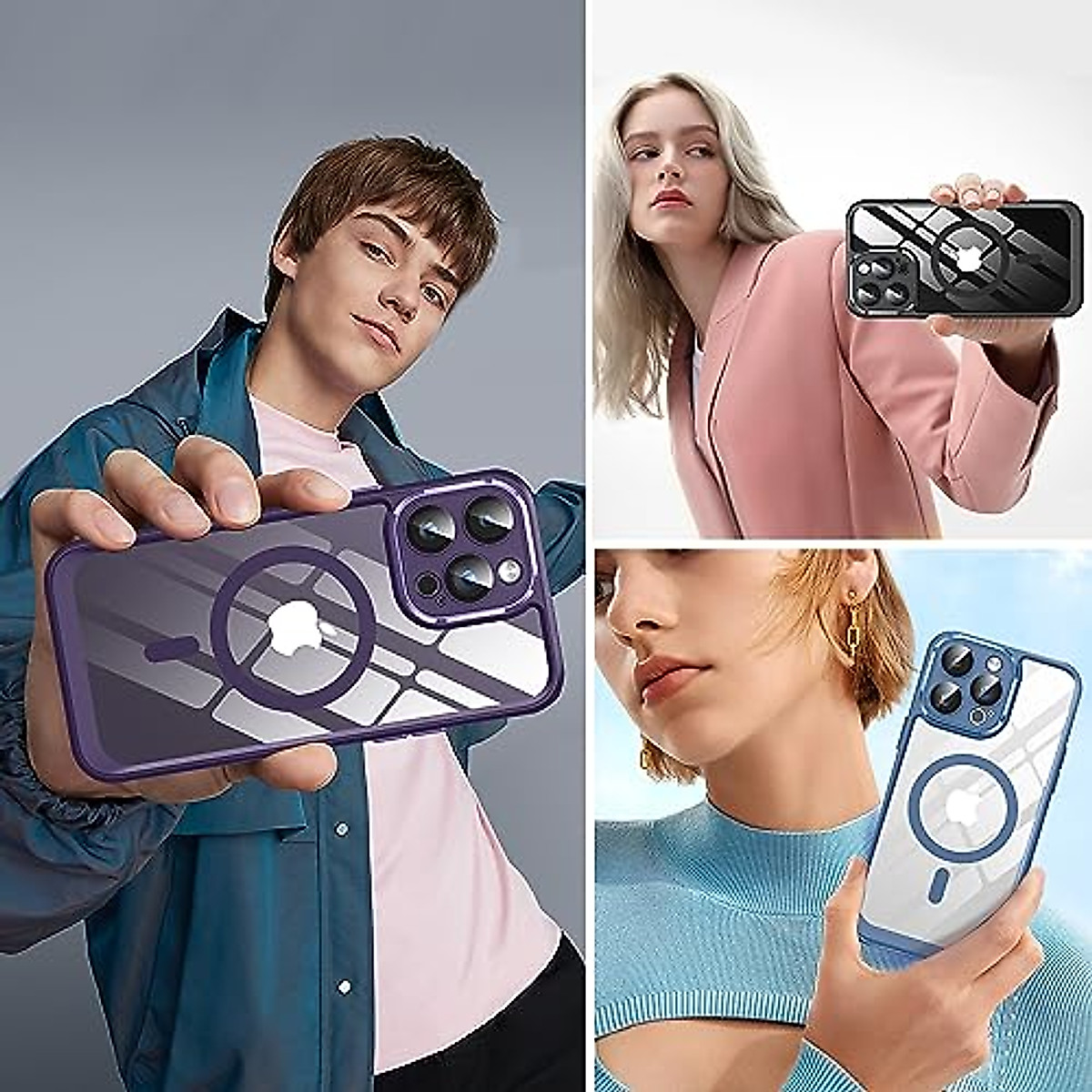 Oneagle Magnetic for iPhone 14 Pro Max Case Clear, [Compatible with Magsafe][30X Anti-Yellow][Built-in Lens Protector][Metal Lens Frame],14 Pro Max Phone Case with 2 Screen Protectors(Deep Purple)