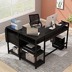 Loomie Reversible L Shaped Computer Desk with Drawer, 55" W x 41" D Industrial Corner Computer Desk with 4 Tier Storage Shelves & Monitor Stand and Storage Bag, Study Table for Home Office, Black