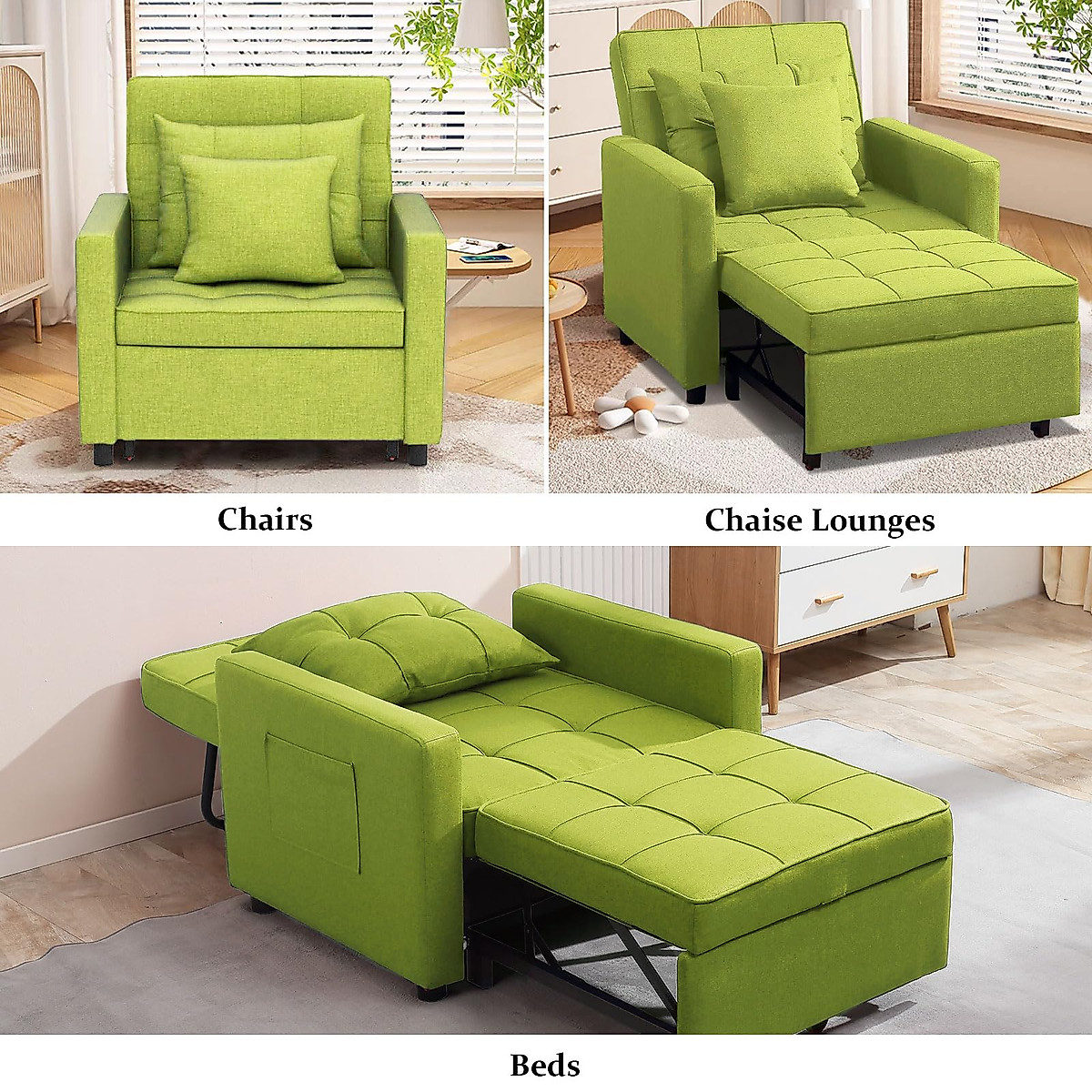 Convertible Chair Bed - Folding Sofa Bed Chair with Adjustable Backrest, 3-in-1 Multi-Functional Pull Out Sleeper Chair Bed Single Armchair Sofa Bed with Side Pocket (Green)