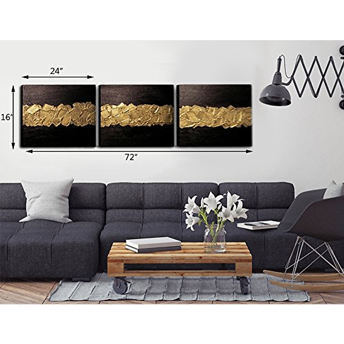 sechars Elegance Canvas Wall Art Modern Handmade Oil Painting Black and Gold Abstract Artwork Wood Inside Framed Home Living Room Decoration Wall Hanging Art Set of 3