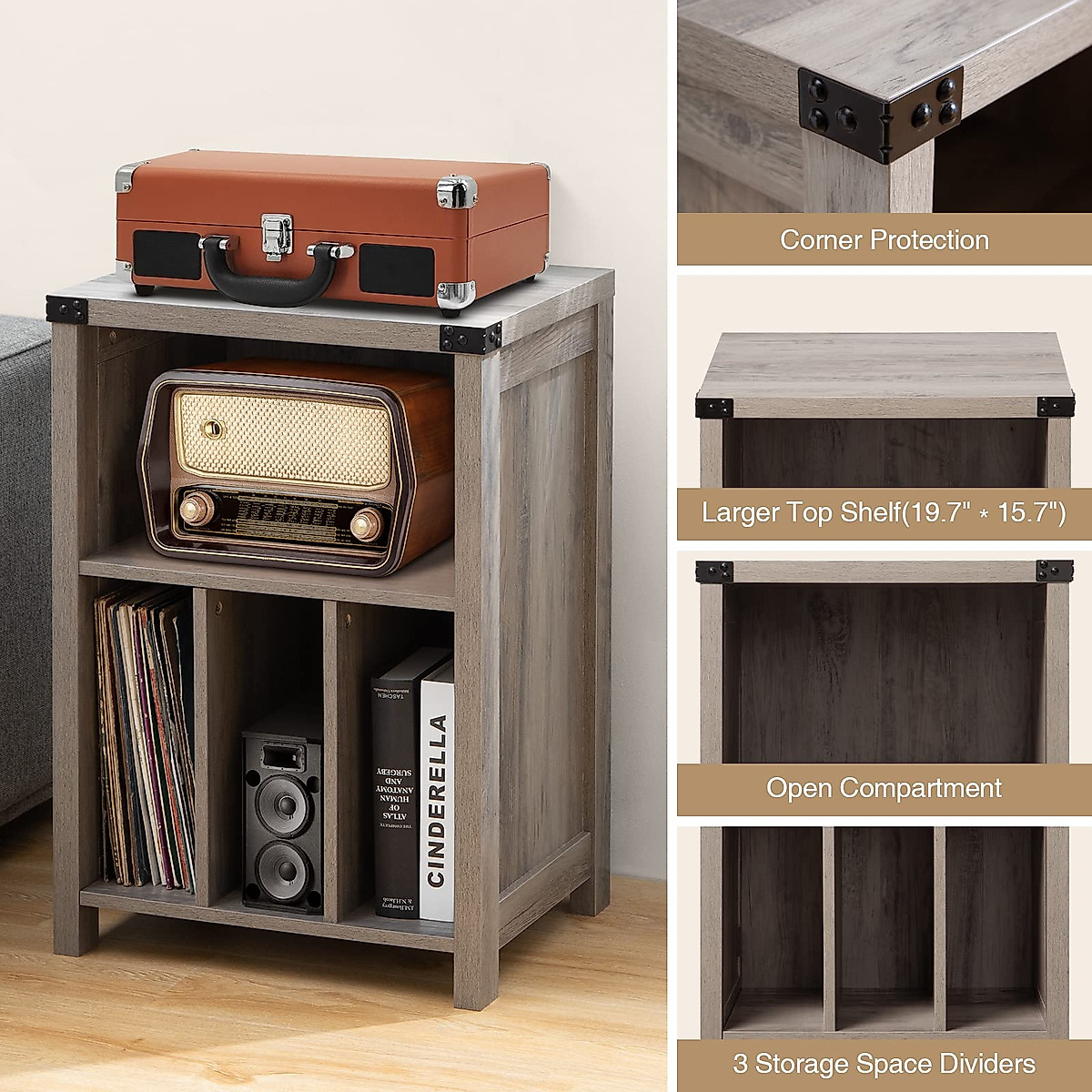 SICOTAS Record Player Stand with Vinyl Record Storage Turntable Stand Table Cabinet with Shelf End Table Night Stands Bed Side Table Nightstand Stereo Cabinet for Living Room Bedroom Office