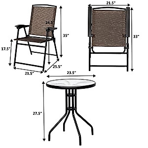 JYDQM 3PC Bistro Patio Garden Furniture Set 2 Folding Chairs Glass Table Top Steel Round Table