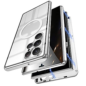 Jonwelsy Anti Peeping Case for Samsung Galaxy S22 Ultra, Double-Sided 360 Degree Protection Cover Compatible with Magsafe Anti Spy Privacy Glass Magnetic Adsorption Metal Bumper for S22U (Silver)