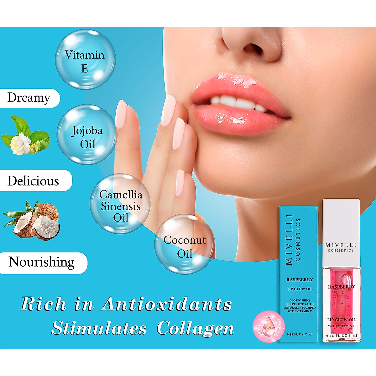 MIVELLI Lip Glow Oil Tinted Lip Oil Moisturizing, Hydrating, Non-Sticky Lip Stain, Gift, Plumping Lip Gloss for Dry Lips with Fruit Extract (Raspberry Tinted With Stain)