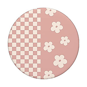 Aesthetic Checker Retro Groovy Flowers in Cream Peach Pink PopSockets Swappable PopGrip