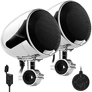 GoHawk AN4-X All-in-One Built-in Amplifier 4.5" Full Range Waterproof Bluetooth Motorcycle Stereo Speakers Audio Amp System, 1 to 1-1/4" Ape-Hanger Handlebar Harley Custom Touring Cruiser Chrome