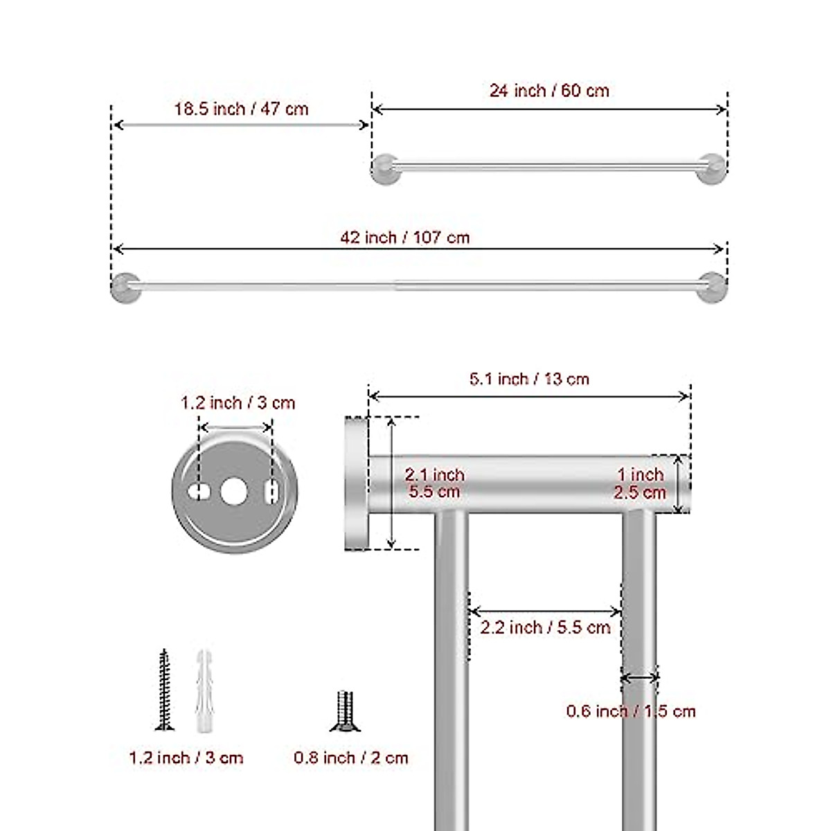 Adjustable Double Bath Towel Bar 23.6 to 42 Inch, ZUEXT Brush Nickel Finished Stainless Steel Towel Holder, Expandable Wall Mounted Towel Rail for Bathroom Kitchen Washroom,1" Tube Towel Rail Racks