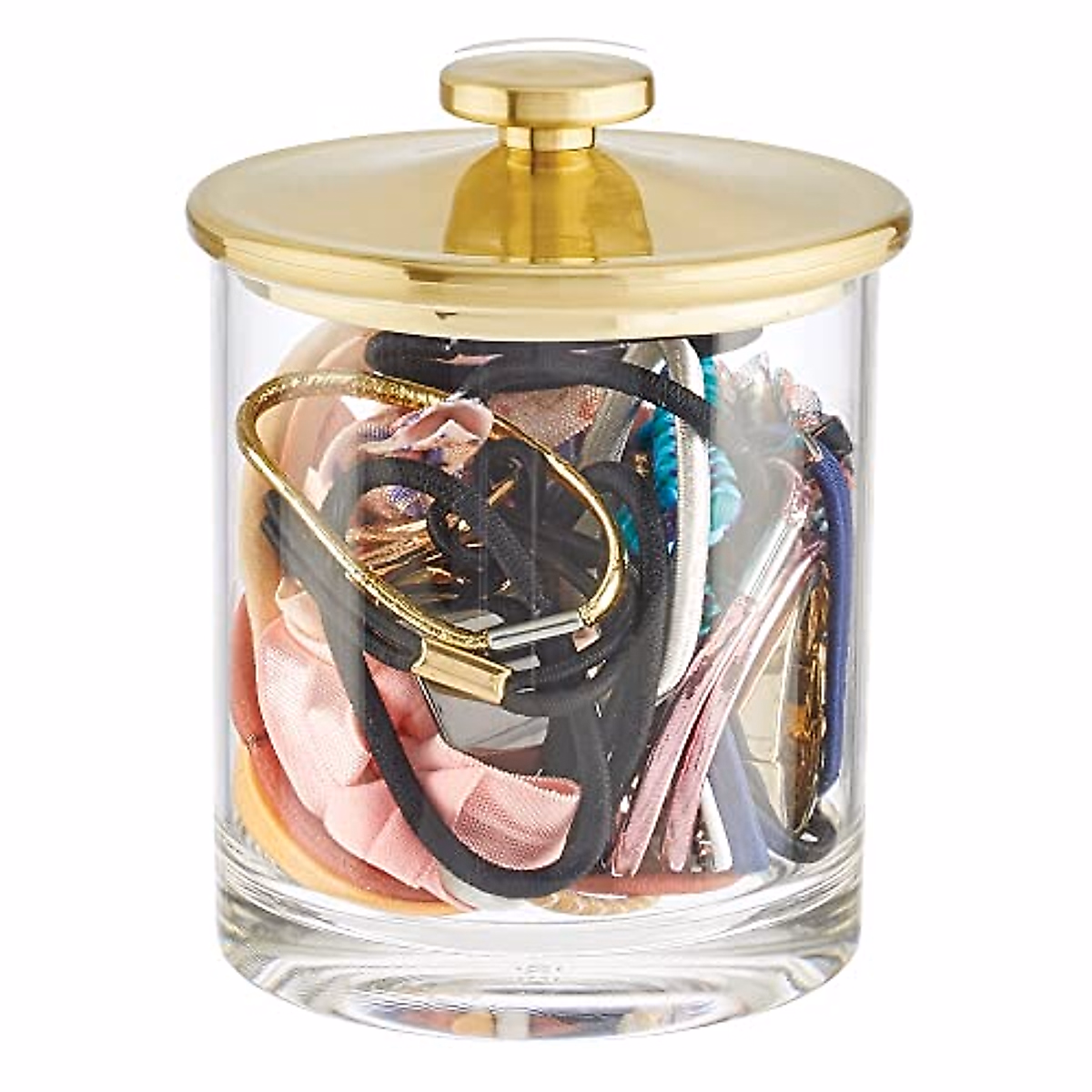 mDesign Small Modern Apothecary Storage Organizer Canister Jars - Acrylic Containers for Bathroom, Organization Holder for Vanity, Counter, Makeup Table, Lumiere Collection, 2 Pack, Clear/Soft Brass