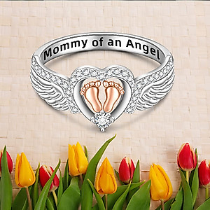 Angel Wing Ring for Women Mothers Sterling Silver Mommy of An Angel Rings Remembrance Footprint Band Memorial Keepsake Jewelry Size 8