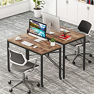 Tribesigns Two Person Computer Desk Double, 39" Simple Small Desks for Small Spaces, Large Writing Workstation + Modern Mini Table on Wheels Lockable, Home Office Desks for Bedroom Farmhouse Brown