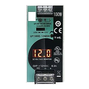 100W 220V to 12V/24V DC Stabilized Power Supply, Digital Display Industrial Rail Type Switch Power Supply(LP1100D-12MDA)