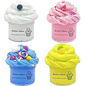 4 Pack Butter Slime Kit Party Favors with Blue, White, Pink and Yellow Colored Slime, Super Soft and Non-Sticky, Birthday Gifts for Kids Girls Boys