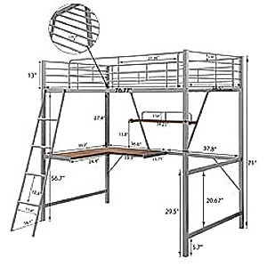 Metal Loft Bed with L-Shaped Desk and Shelf, Silver