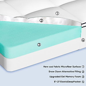 Dual Layer 4 Inch Memory Foam Mattress Topper Full Size 3 Inch Gel Memory Foam Plus 1 Inch Cooling Pillow Top Cover for Higher Support Relief Back Pain Soft and Breathable with 8-21 Inch Deep Pocket