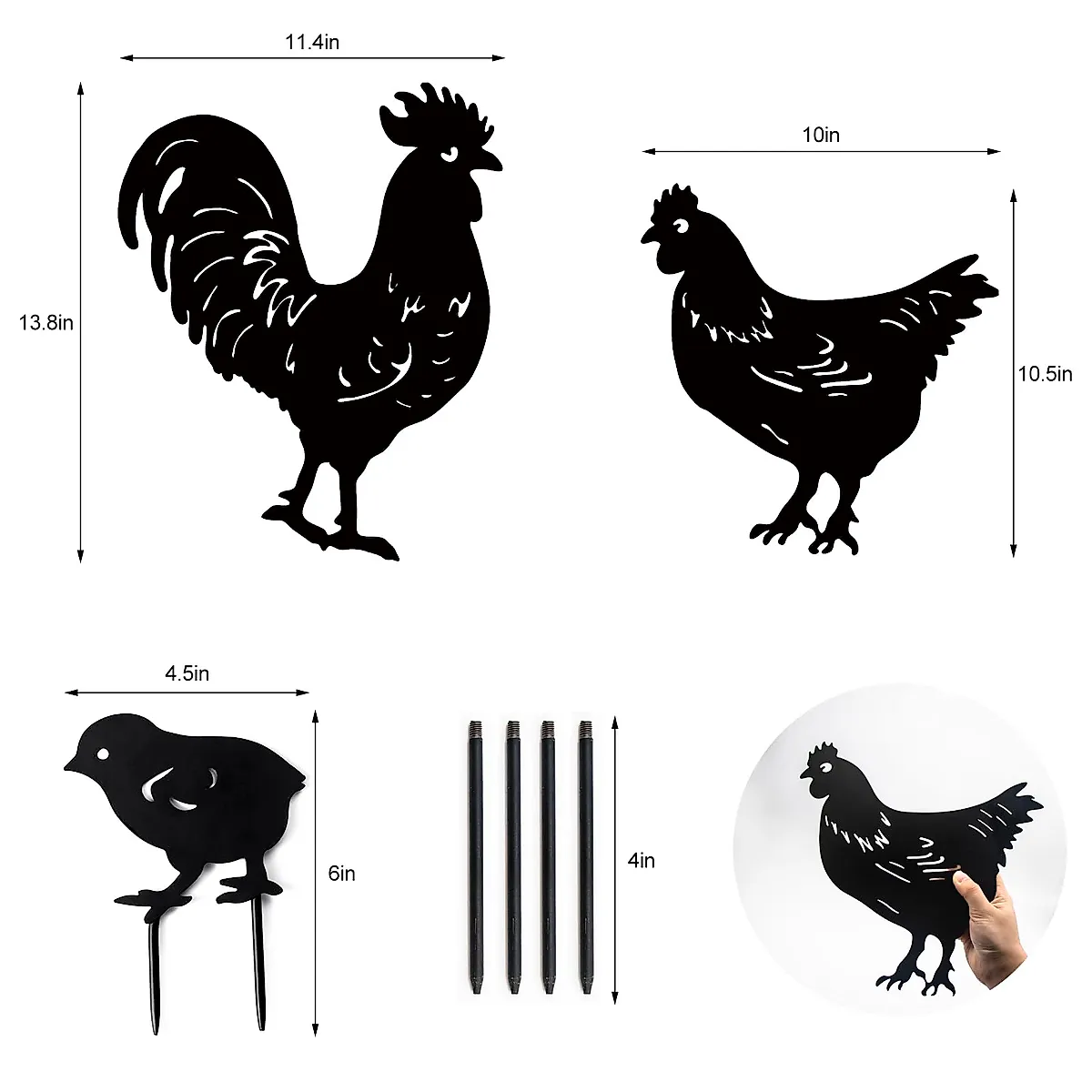 TT & MM Metal Chicken Yard Decor 3 Pcs Rooster Garden Stakes,Chicken Gifts for Women/Men,Hen/Chicks Silhouette Statues for Yard Art,Backyard,Patio,Lawn Ornaments,Outdoor Decor