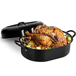 Granite Stone Oval Roaster Pan, Large 19.5” Ultra Nonstick Roasting Pan with Lid, Grooved Bottom for Basting, Broiler Pan for Oven, Dishwasher Safe, Up to 25lb Turkey/Roast, Serves 12 – 25