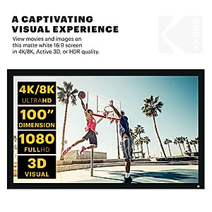 KODAK Projector Screen | 100” Fixed Frame Home Projection Screen with Black Velvet Frame, Durable PVC & Wall Mount Kit | 160° View Angle, 16:9, 1.1, Full HD 4K 8K & Active 3D Ready for Movies & Gaming