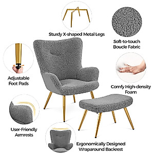 Yaheetech Accent Chair and Ottoman Set, Sherpa Armchair with Golden Metal Legs and High Back, Footstool for Living Room, Lounge, Gray