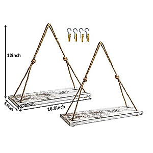 HoreZer Wood-Rope Hanging Floating Shelves Wall Decor Set of 2, Rustic White Wall Shelf with 4 Hooks and 4 Ropes,Wall Hanging Rope Shelves for Garden Kitchen Bathroom Living Room