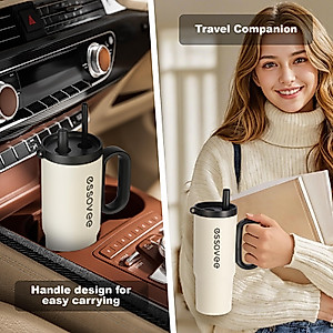 Essovee 26 oz Tumbler with Handle and Straw, Frosted Texture Insulated Stainless Steel Water Bottle with Lid, Keeps Cold/Hot Travel Coffee Mug with Straw Cover for Home Travel Office Use(White)